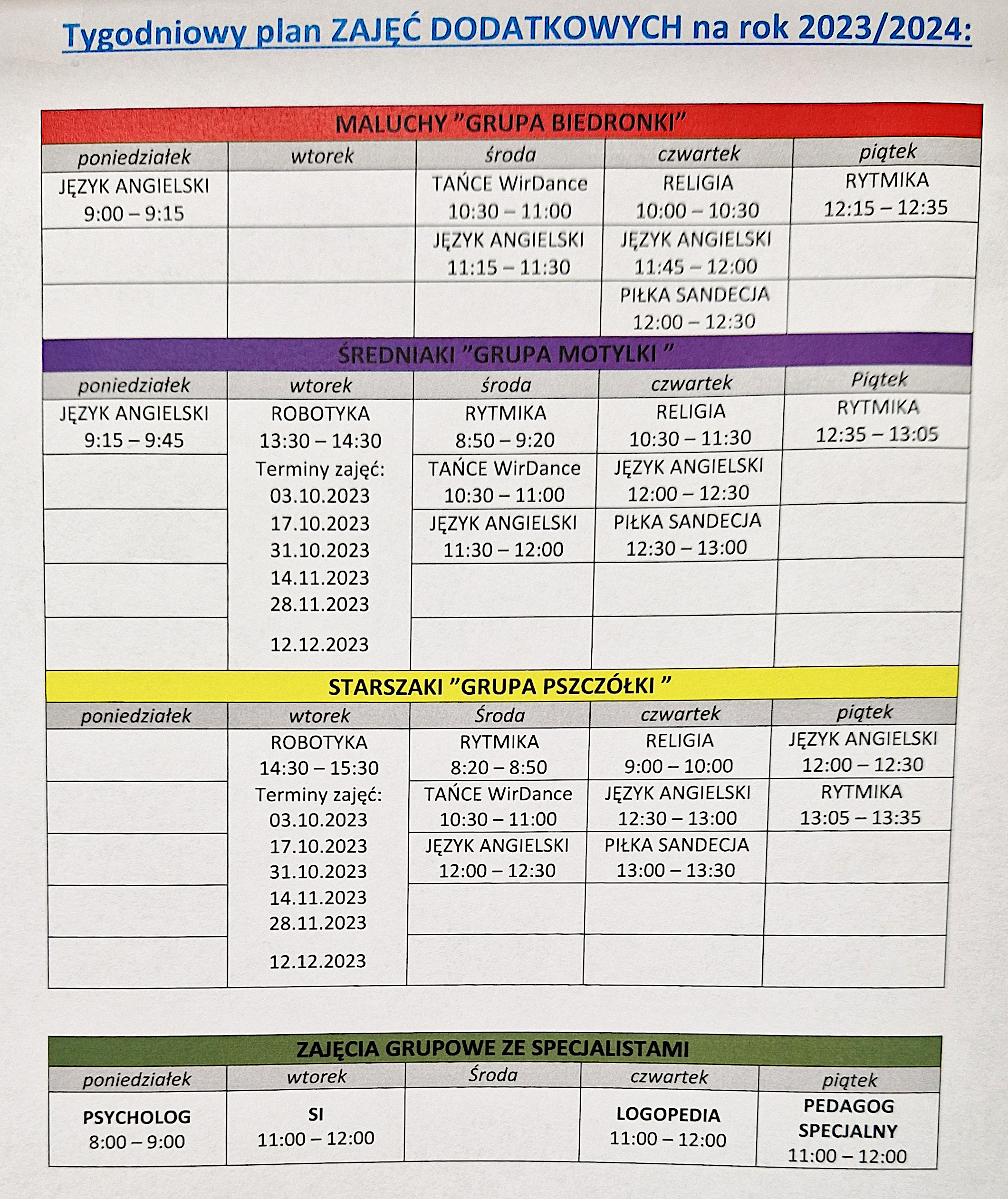 Zajęcia dodatkowe - Przedszkole im. św. Ojca Pio w Nowym Sączu